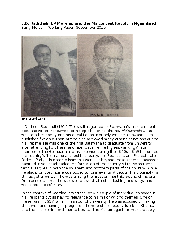 (DOC) L.D. Raditladi, E.P. Moremi, and the Malcontent Revolt in Ngamiland