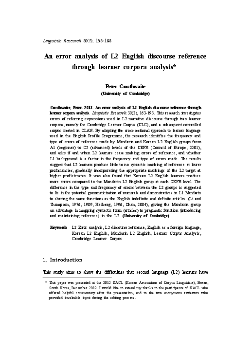 Pdf An Error Analysis Of L2 English Discourse Reference Through