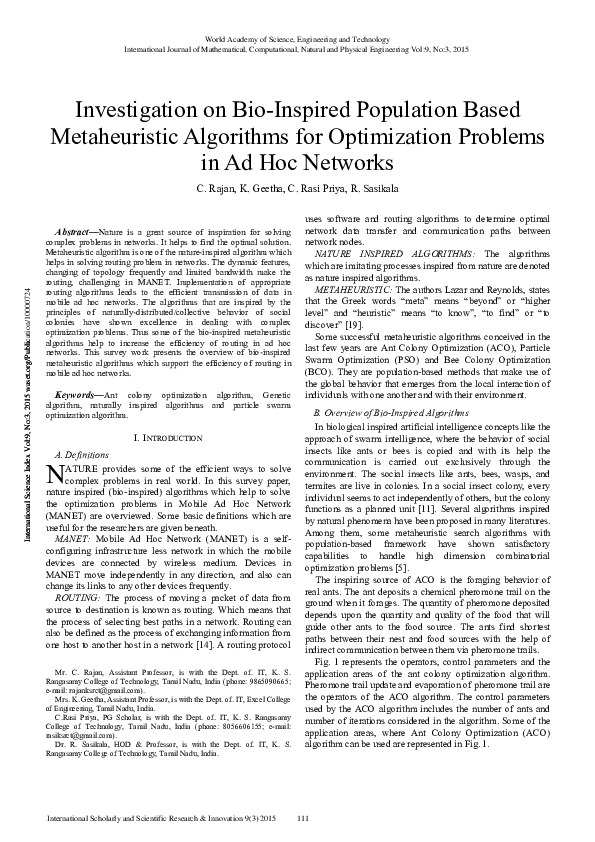 Investigation On Bio Inspired Population Based Metaheuristic Algorithms