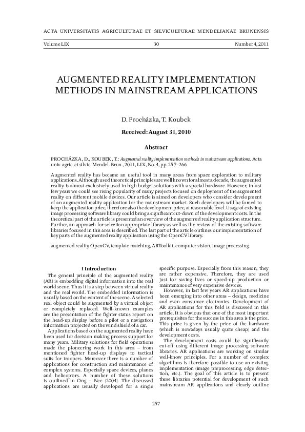 (PDF) Augmented Reality Implementation Methods in Mainstream Applications