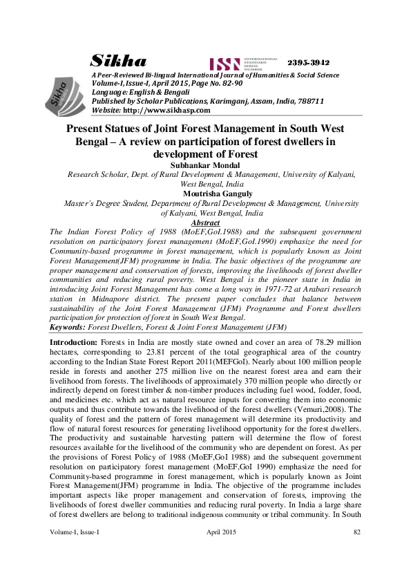 (PDF) Present Statues of Joint Forest Management in South West Bengal ...