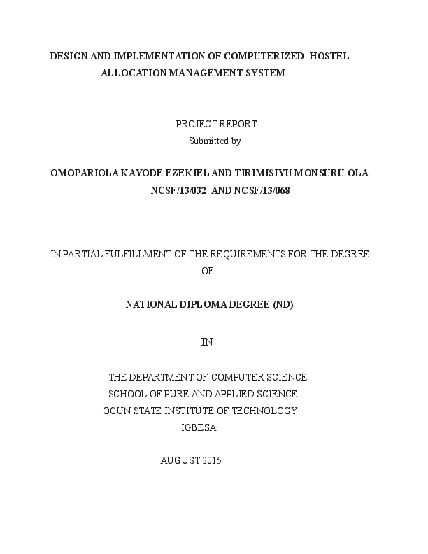 (DOC) DESIGN AND IMPLEMENTATION OF COMPUTERIZED HOSTEL ALLOCATION MANAGEMENT SYSTEM