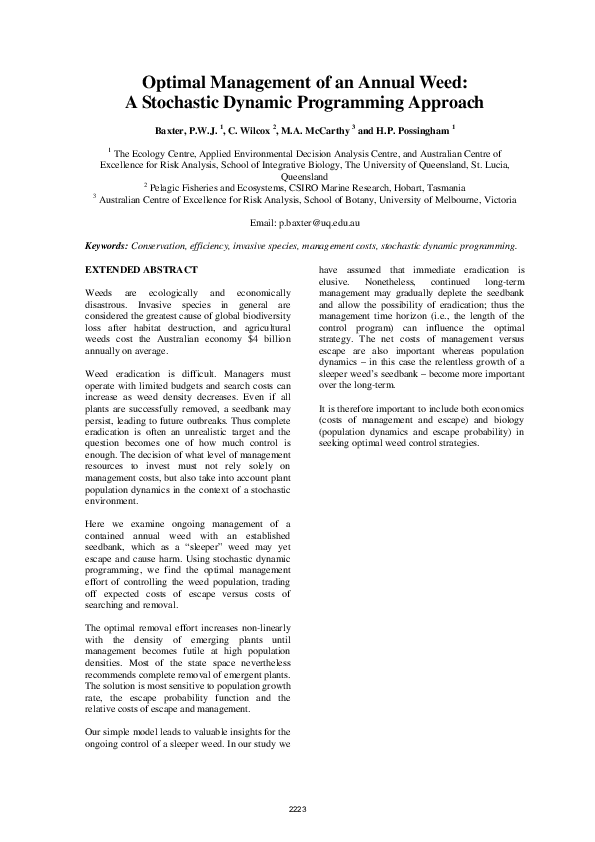 (PDF) Optimal management of an annual weed: A stochastic dynamic programming approach