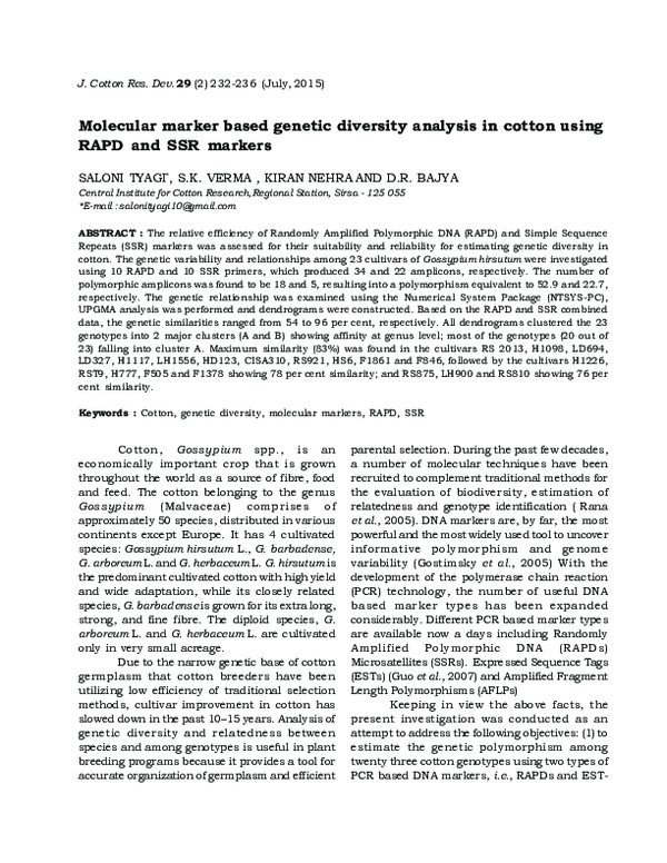 (PDF) Molecular marker based genetic diversity analysis in cotton using RAPD and SSR markers