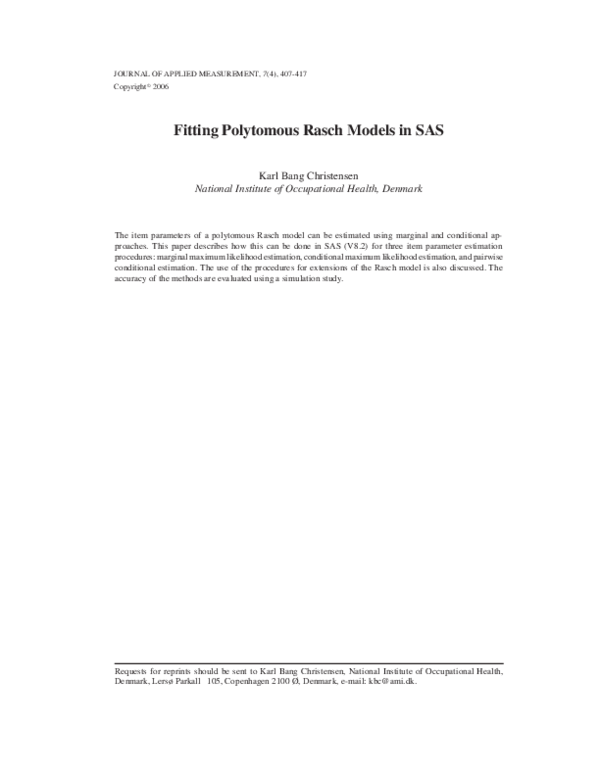 Pdf Fitting Polytomous Rasch Models In Sas Karl Bang Christensen