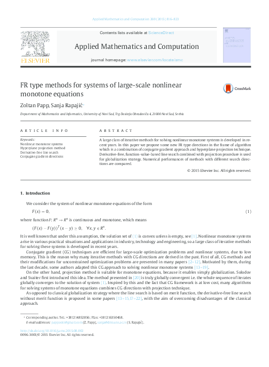 (PDF) FR type methods for systems of large-scale nonlinear monotone equations