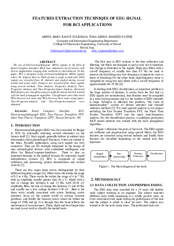 (PDF) FEATURES EXTRACTION TECHNIQES OF EEG SIGNAL FOR BCI APPLICATIONS