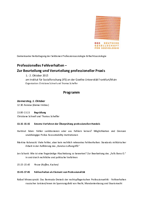 Tagung: Professionelles Fehlverhalten. Zur Beurteilung und Verurteilung ...