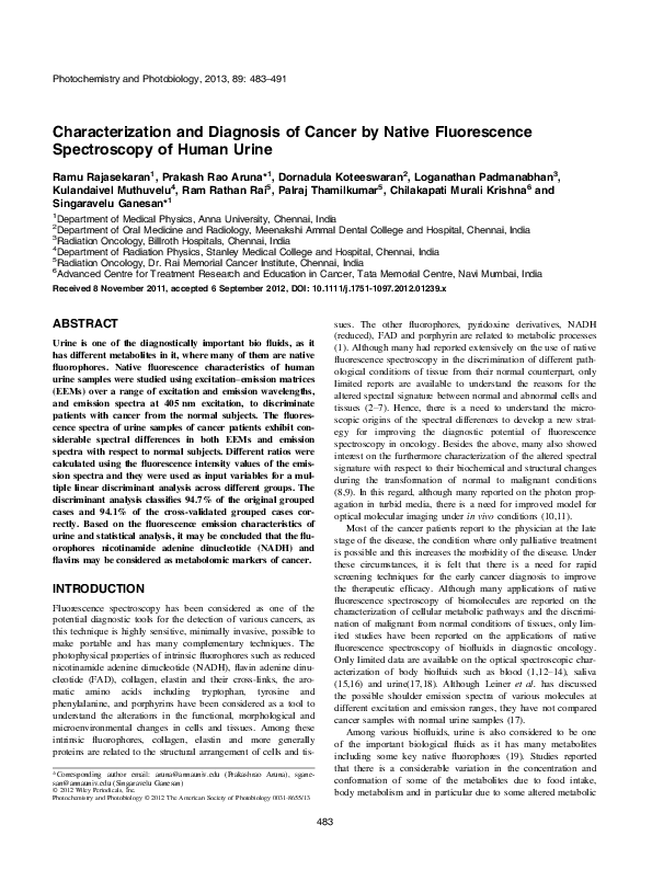 (PDF) Characterization and Diagnosis of Cancer by Native Fluorescence ...