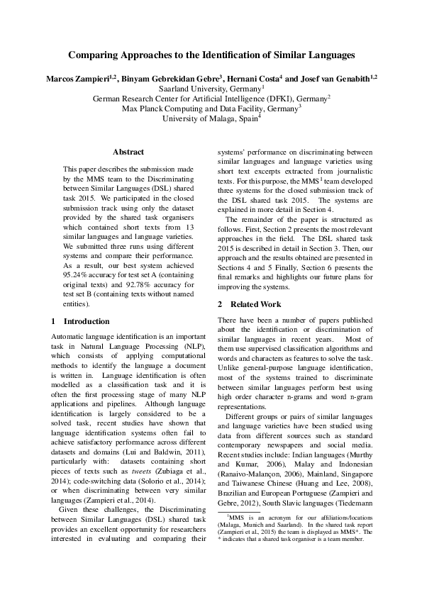 (PDF) Comparing Approaches to the Identification of Similar Languages