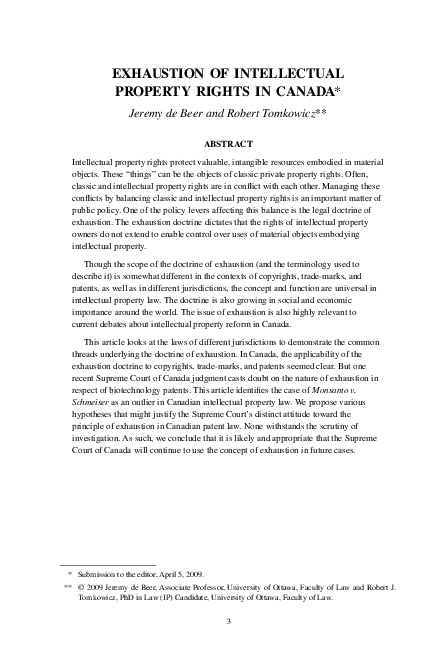 (PDF) Exhaustion in Canadian Intellectual Property Law