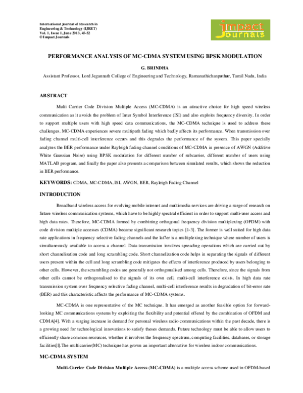 Pdf Performance Analysis Of Mc Cdma System Using Bpsk Modulation