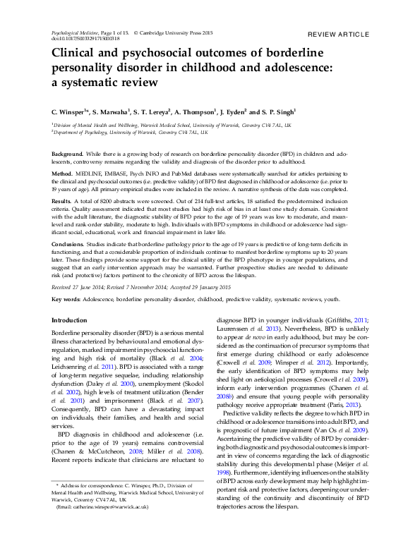 (PDF) Clinical and psychosocial outcomes of borderline personality ...