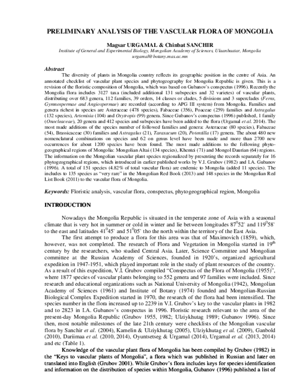 (PDF) PRELIMINARY ANALYSIS OF THE VASCULAR FLORA OF MONGOLIA (2015)