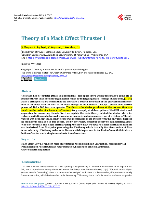 (PDF) Theory of a Mach Effect thruster 1