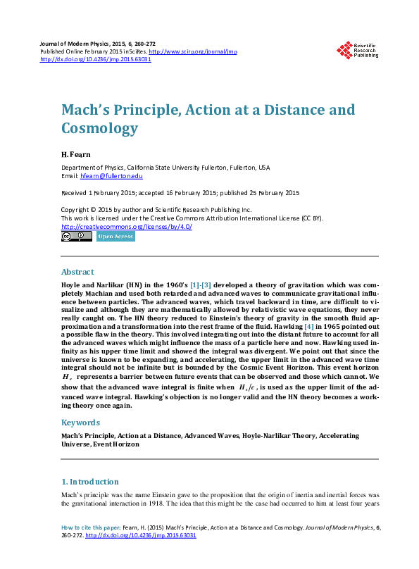 (PDF) Mach’s Principle, Action at a Distance and Cosmology