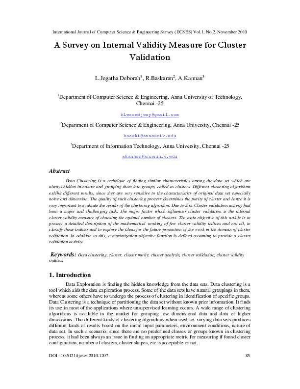 A Survey On Internal Validity Measure For Cluster Validation International Journal Of Computer