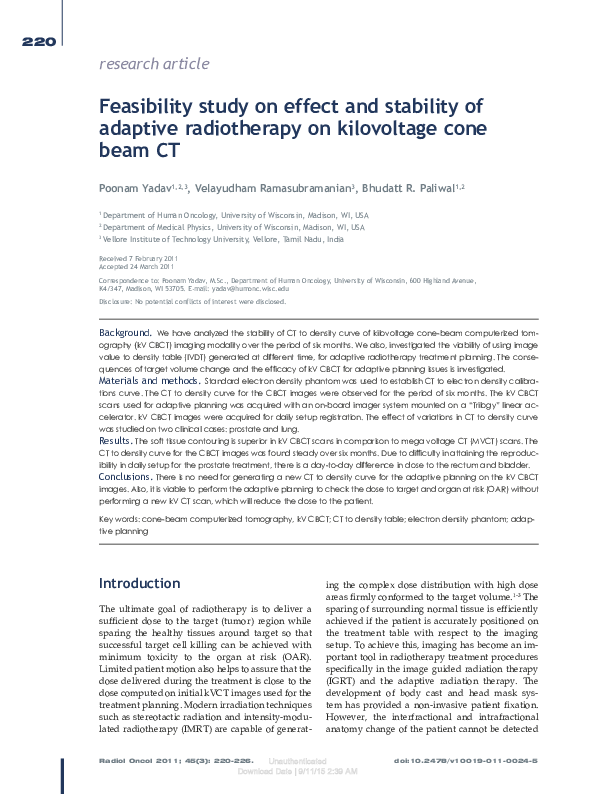(PDF) Feasibility study on effect and stability of adaptive radiotherapy on kilovoltage cone beam CT