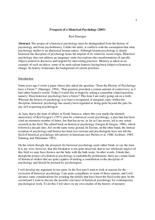 (PDF) Prospects of a Historical Psychology (2003) | Kurt Danziger ...
