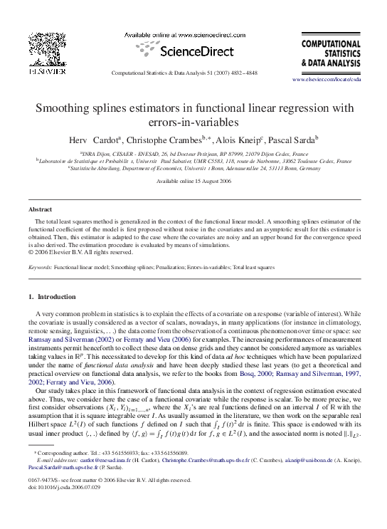 (PDF) Smoothing splines estimators in functional linear regression with errors-in-variables