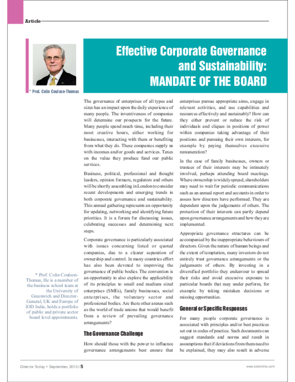 (PDF) Effective Corporate Governance and Sustainability: Mandate of the ...