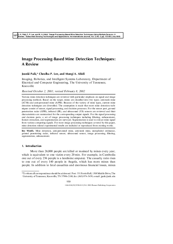 Pdf Image Processing Based Mine Detection Techniques A Review Joonki Paik