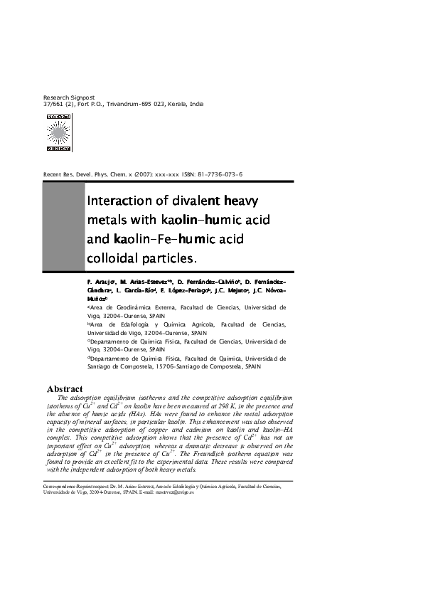Interaction of divalent heavy metals with kaolin-humic acid and kaolin ...