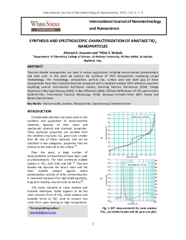 (PDF) SYNTHESIS AND SPECTROSCOPIC CHARACTERIZATION OF ANATASE TIO2 NANOPARTICLES