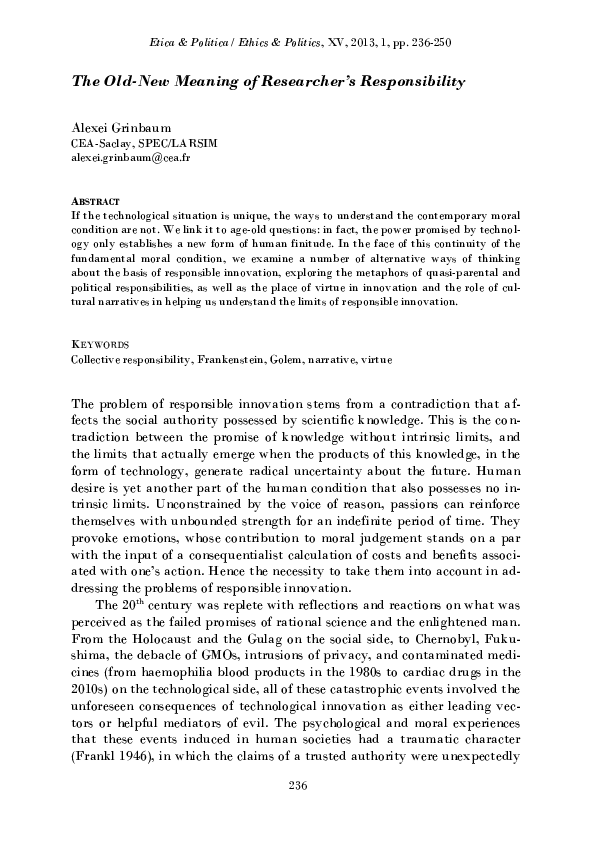 (PDF) The Old-New Meaning of Researcher's Responsibility