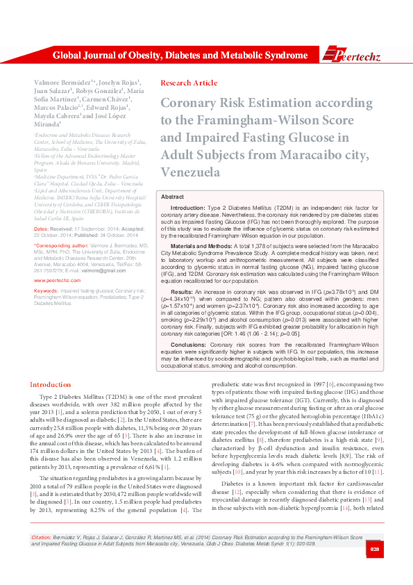 (PDF) Coronary Risk Estimation according to the Framingham-Wilson Score ...