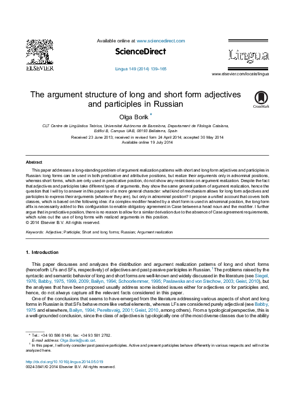 Pdf The Argument Structure Of Long And Short Form Adjectives And Participles In Russian