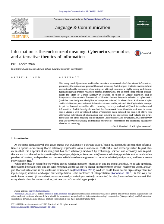 (PDF) Information is the Enclosure of Meaning: Cybernetics and Semiotics