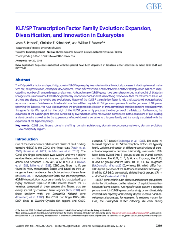 (PDF) KLF/SP Transcription Factor Family Evolution: Expansion, Diversification, and Innovation ...