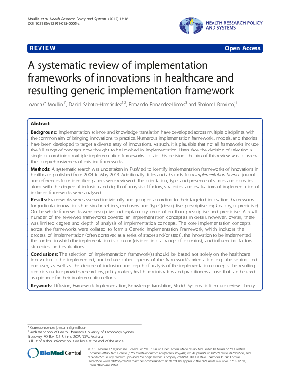 (PDF) A systematic review of implementation frameworks of innovations ...
