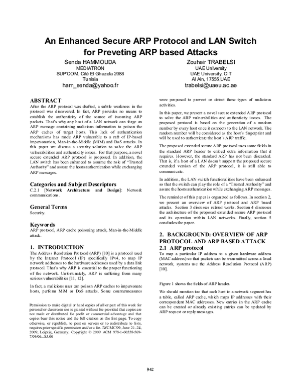 Pdf An Enhanced Secure Arp Protocol And Lan Switch For Preveting Arp Based Attacks