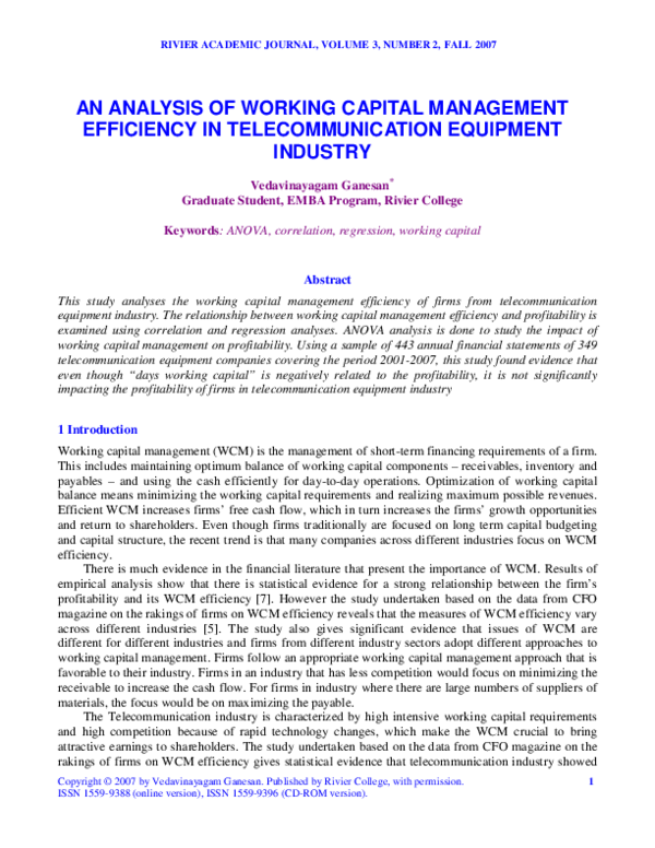 (PDF) AN ANALYSIS OF WORKING CAPITAL MANAGEMENT EFFICIENCY IN ...