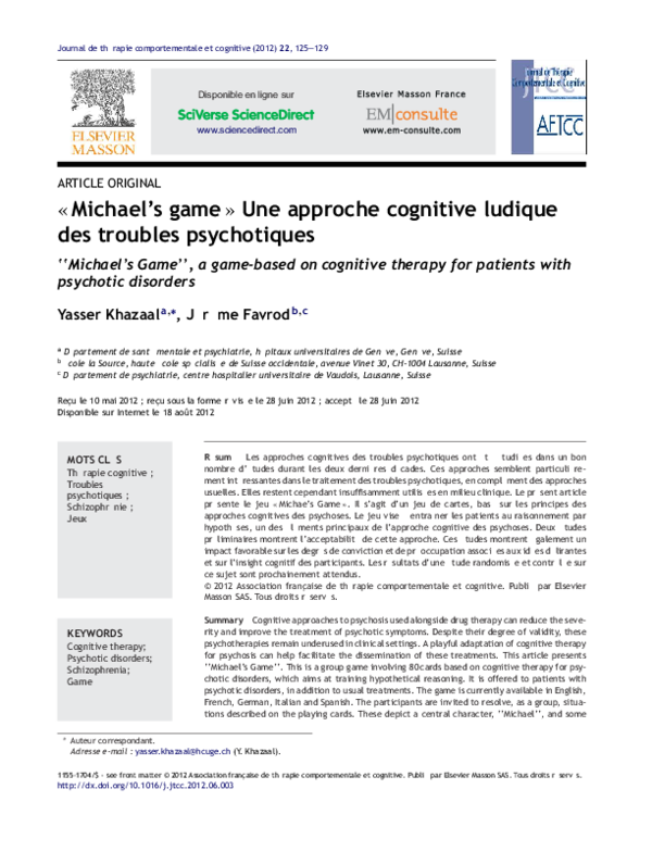 (PDF) Michael's Game", a game-based on cognitive therapy for patients ...