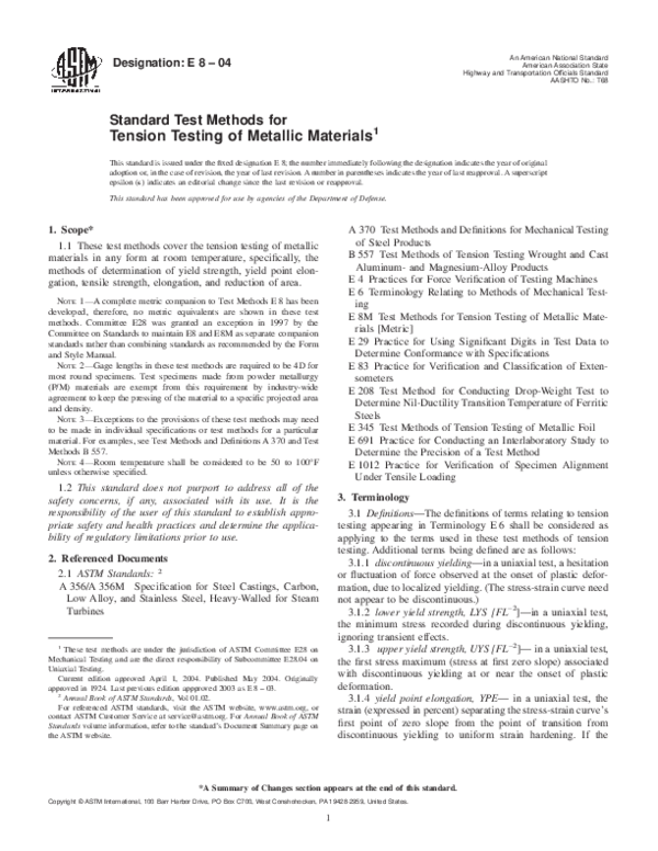 (PDF) Designation: E 8 – 04 Standard Test Methods for Tension Testing ...