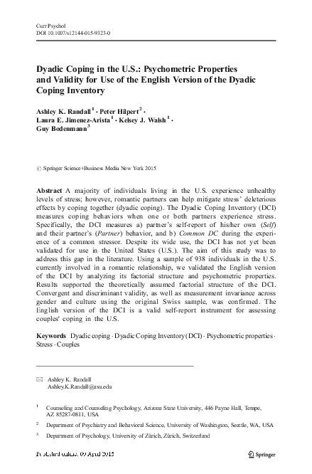 Pdf Dyadic Coping In The Us Psychometric Properties And Validity For Use Of The English