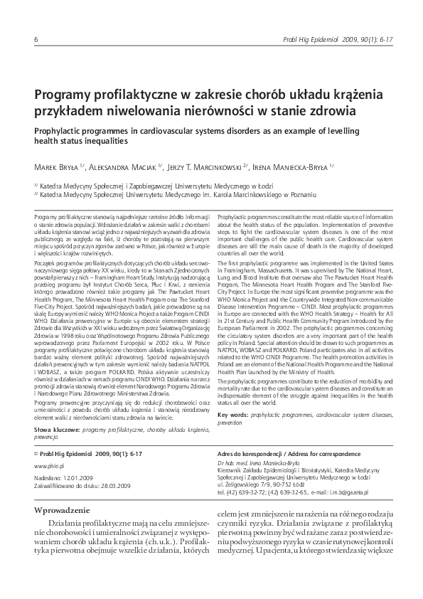 (PDF) Programy profilaktyczne w zakresie chorób układu krążenia przykładem niwelowania ...