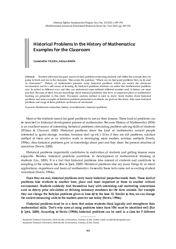 (PDF) Historical Problems in the History of Mathematics: Examples for ...