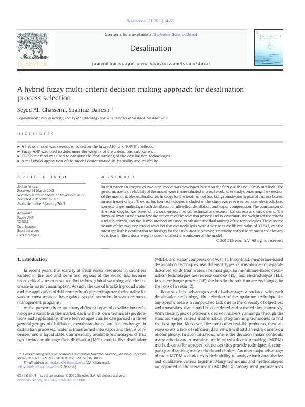 Pdf A Hybrid Fuzzy Multi Criteria Decision Making Approach For Desalination Process Selection