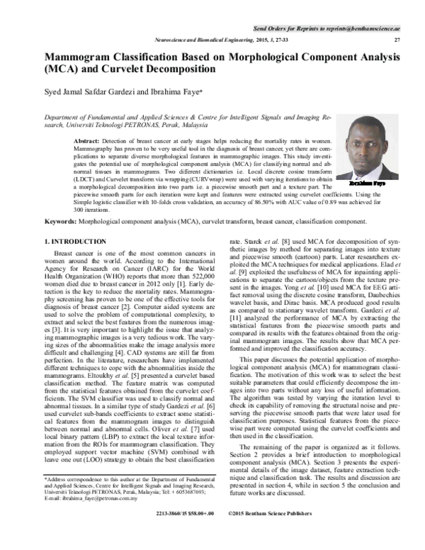 Pdf Mammogram Classification Based On Morphological Component Analysis Mca And Curvelet