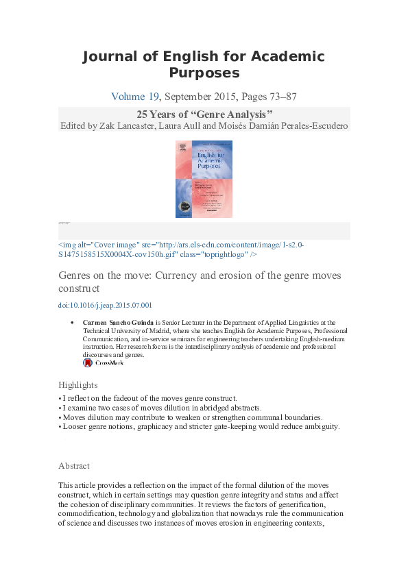 (DOC) Genres on the move: Currency and erosion of the genre moves construct