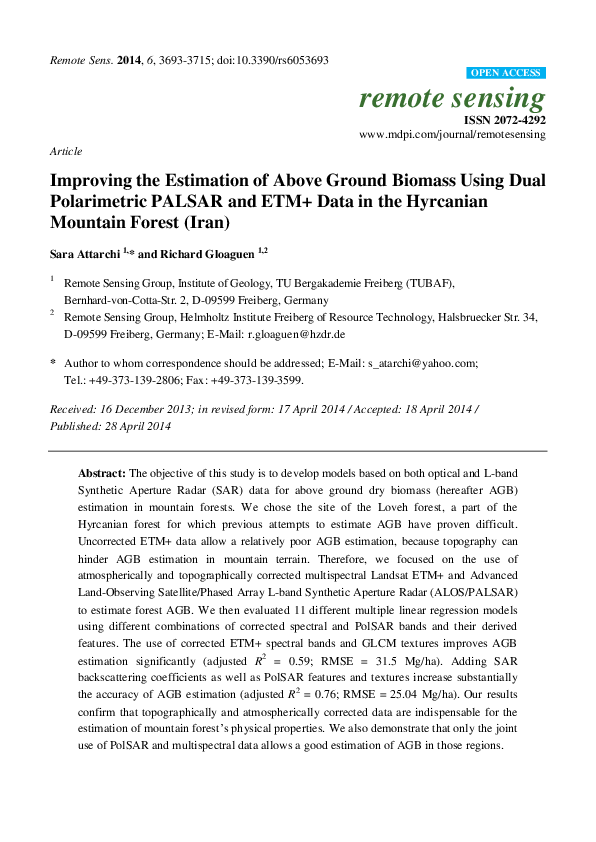 (PDF) Improving the Estimation of Above Ground Biomass Using Dual Polarimetric PALSAR and ETM+ ...