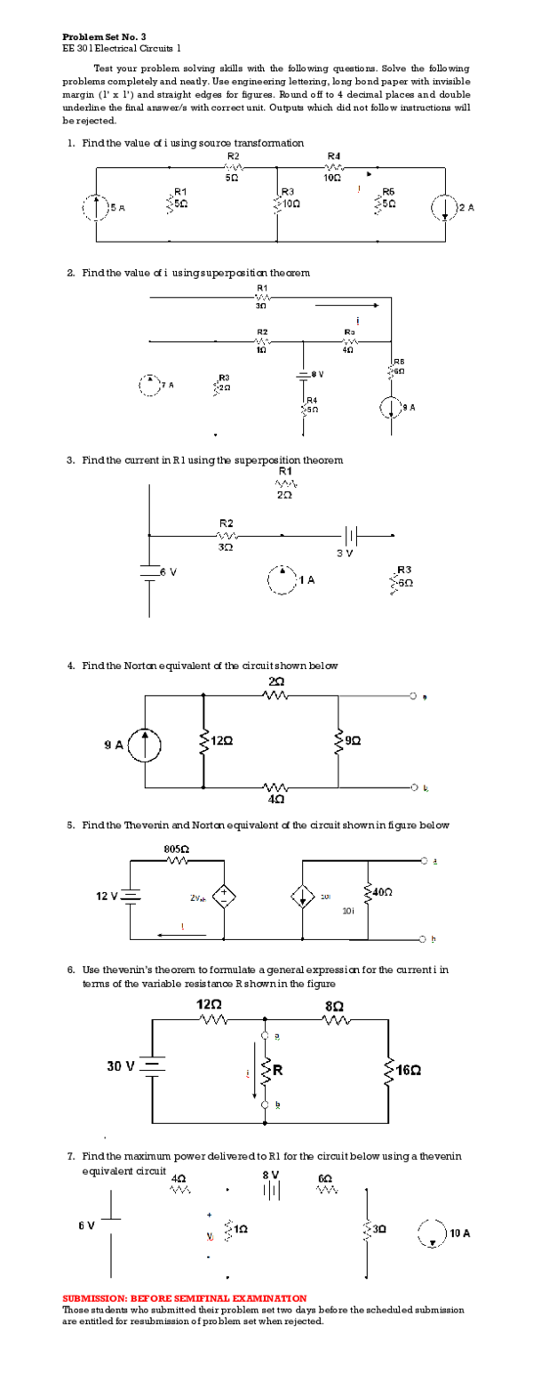 (PDF) Problem Set No. 3 EE 301 Electrical Circuits 1