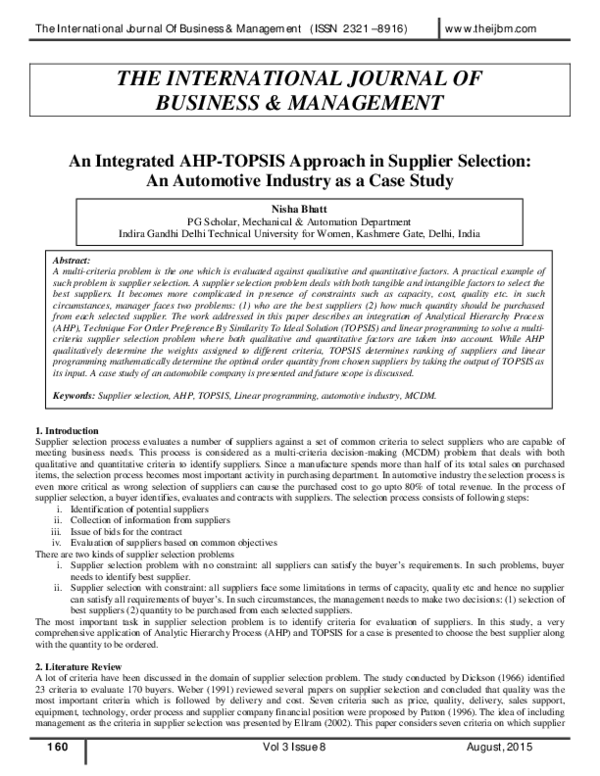 Pdf An Integrated Ahp Topsis Approach In Supplier Selection An Automotive Industry As A Case