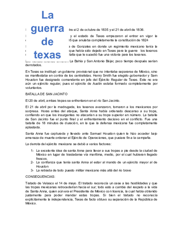 (DOC) La guerra de Texas ocurrio entre el 2 de octubre de 1835 y el 21 ...
