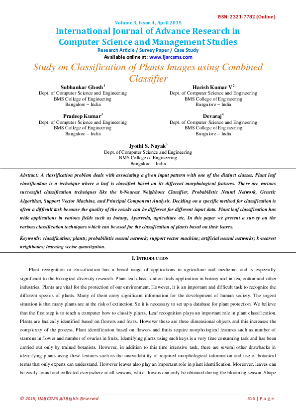 (PDF) Study on Classification of Plant Images using Combined Classifier