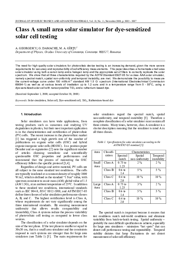 (PDF) Class A small area solar simulator for dye-sensitized solar cell ...